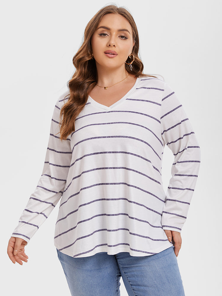 Plus Size Women Striped Print V-Neck Tee | Curvesoul