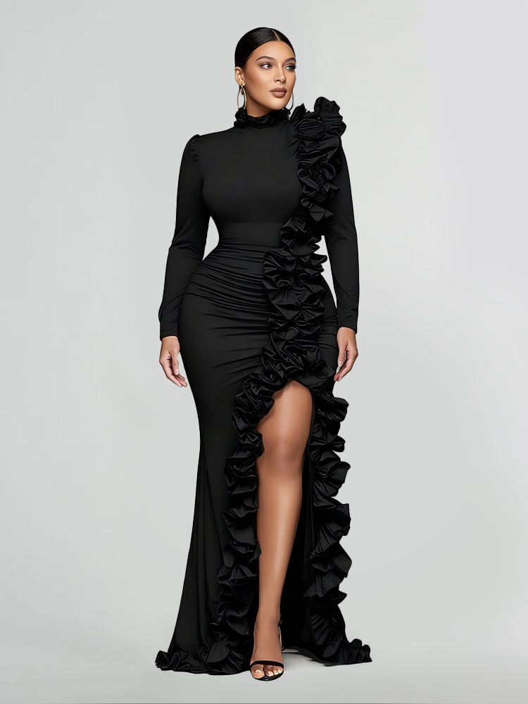 Round Neck Ruffle Ruched Split Dress