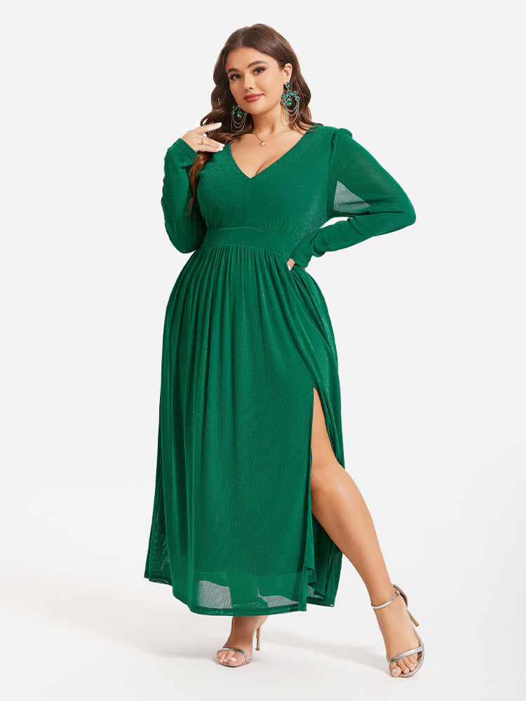 Curvesoul Plus Size Elastic Waist Split Ruched Maxi Dress