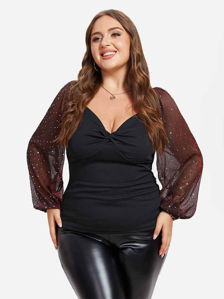Curvesoul Plus Size Women V Neck Mesh Puff Sleeve Tee | Black