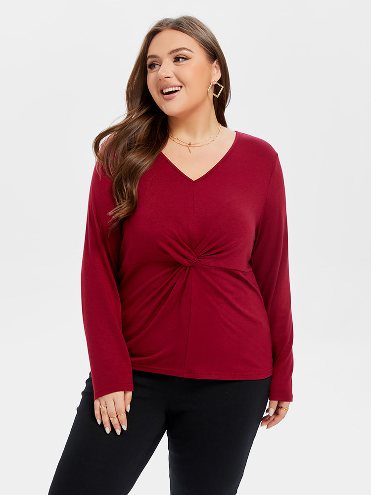 Curvesoul Plus Size Women V-Neck Twist Front Tee | Red