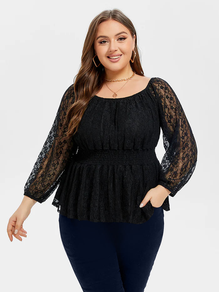 Curvesoul Women Plus Size Lace Sleeve Elastic Waist Blouse