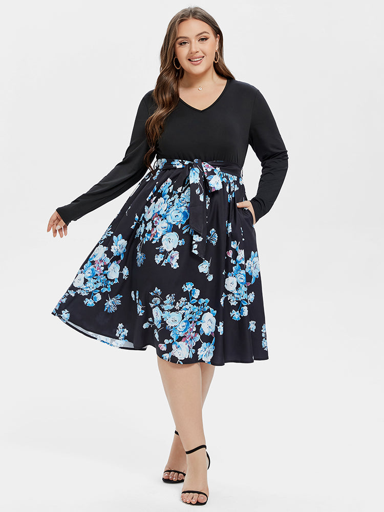 Curvesoul Plus Size Floral Print V-Neck Midi Dress | Blue