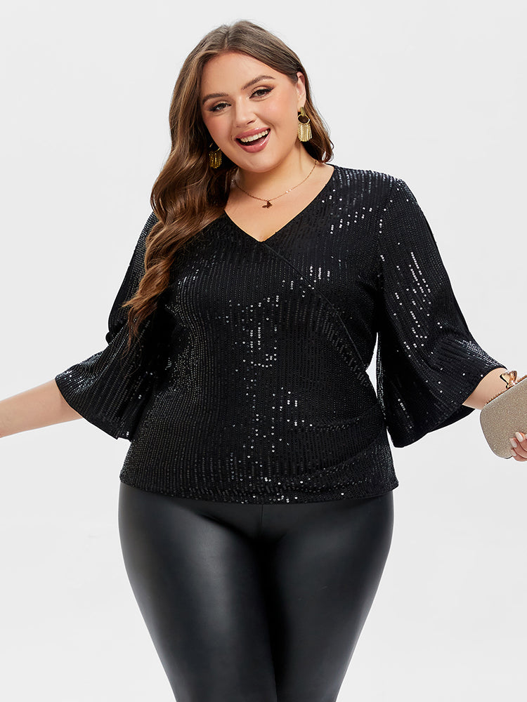 Curvesoul Plus Size Women Sequin Cold Shoulder Blouse | Black